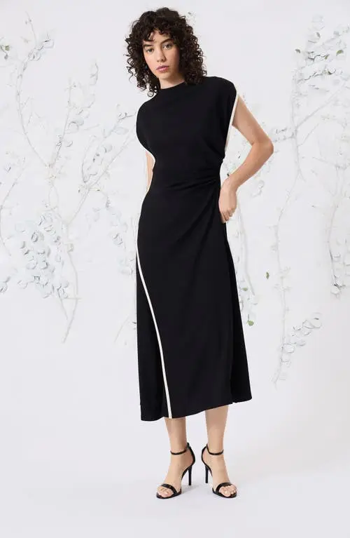 LUXELY Drape Contrast Trim Midi Dress