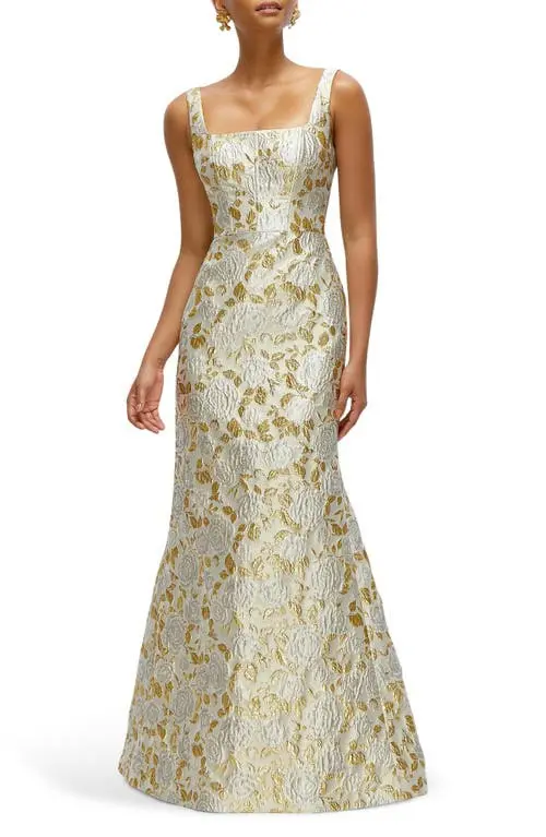 Dessy Collection Metallic Floral Brocade Trumpet Gown - Winter Mist
