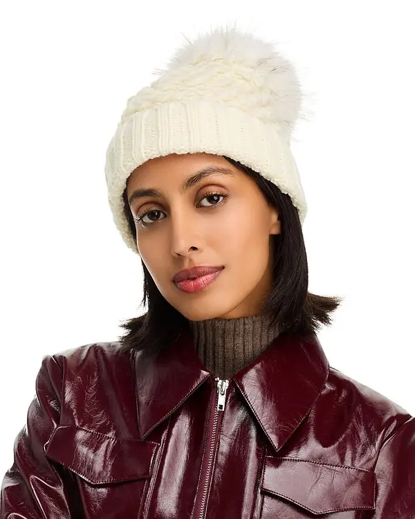 KYI KYI CANADA | Ivory Knit Beanie With Faux Fur Pom KYI KYI Faux Fur Pompom Classic Beanie IN IVORY OS ONE SIZE  main image 2