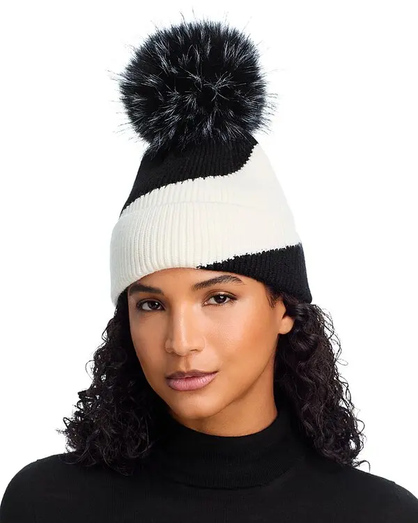 KYI KYI Faux Fur Pom Pom Knit Hat - Black/white