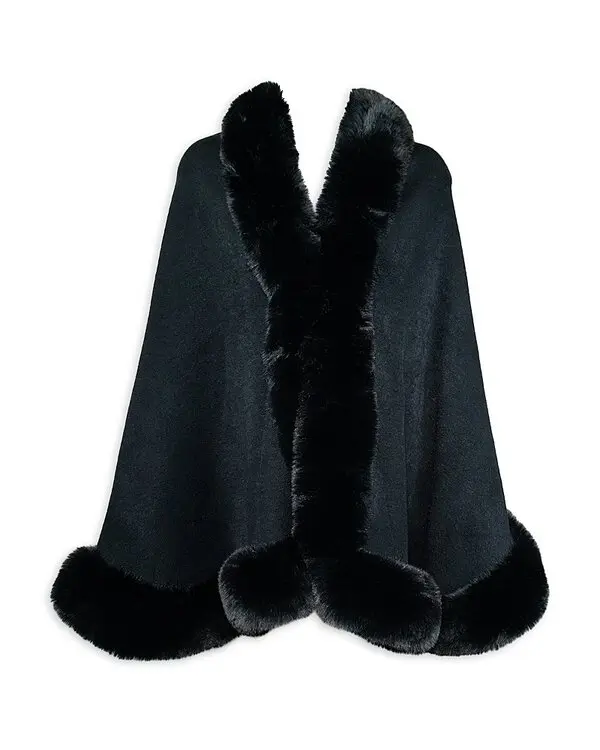 Surell Faux Fur Trim Poncho - Black