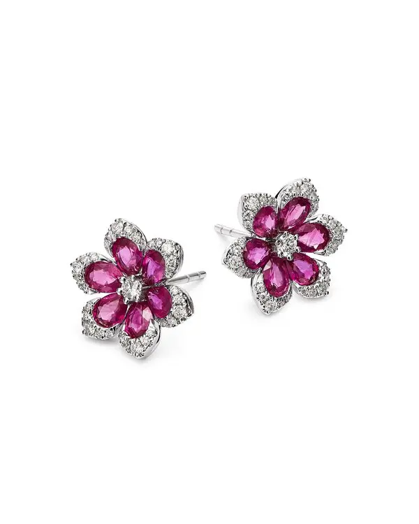 Bloomingdale'S Ruby And Diamond Flower Stud Earrings
