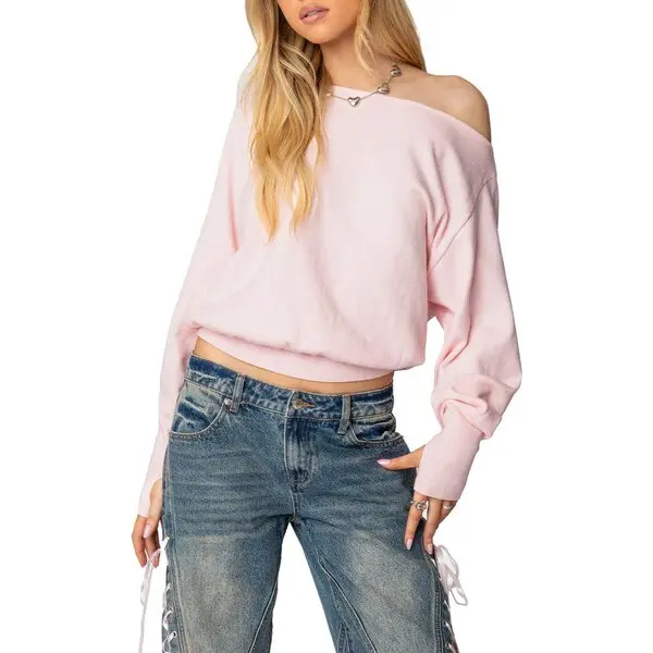 EDIKTED Oversized Off-the-shoulder Pullover Sweater - Light-pink