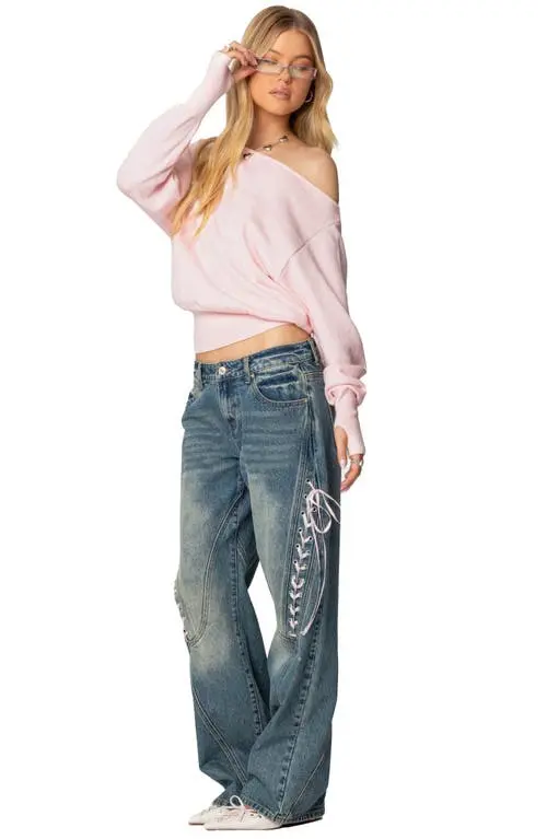 EDIKTED Oversized Off-the-shoulder Pullover Sweater - Light-pink