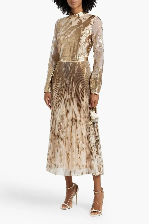 Cassini Pleated Metallic Fil Coup Maxi Dress