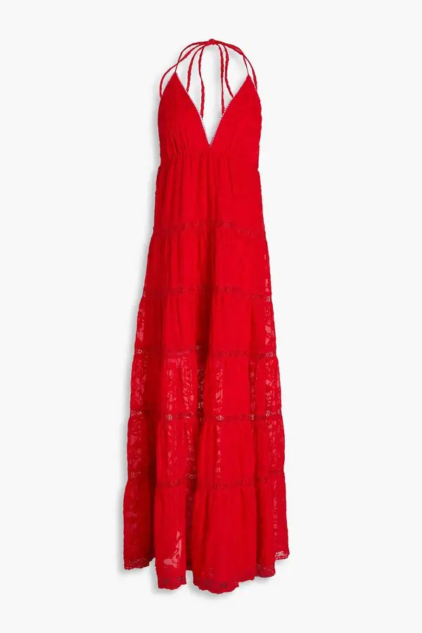 Alice + Olivia Lace-Trimmed Embroidered Crepon Halterneck Maxi Dress In Red  - 75% Off | Editorialist