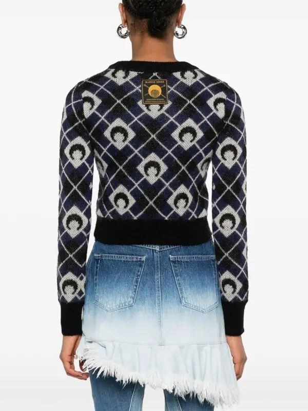 MARINE SERRE Moon Argyle-knit Cropped Sweater - Black