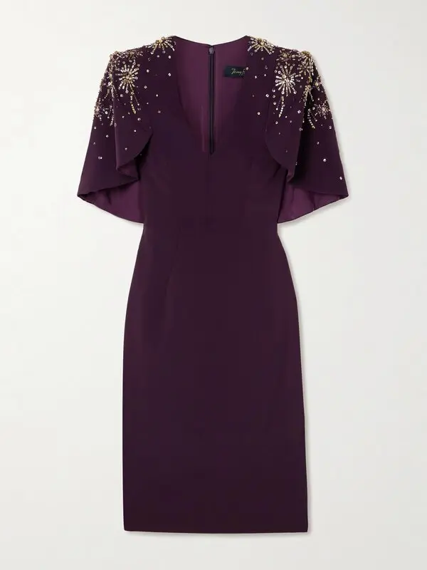 Jenny Packham Cape-effect Embellished Stretch-cady Midi Dress