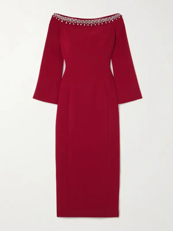 Jenny Packham Off-the-shoulder Embellished Cady Midi Dress - Red