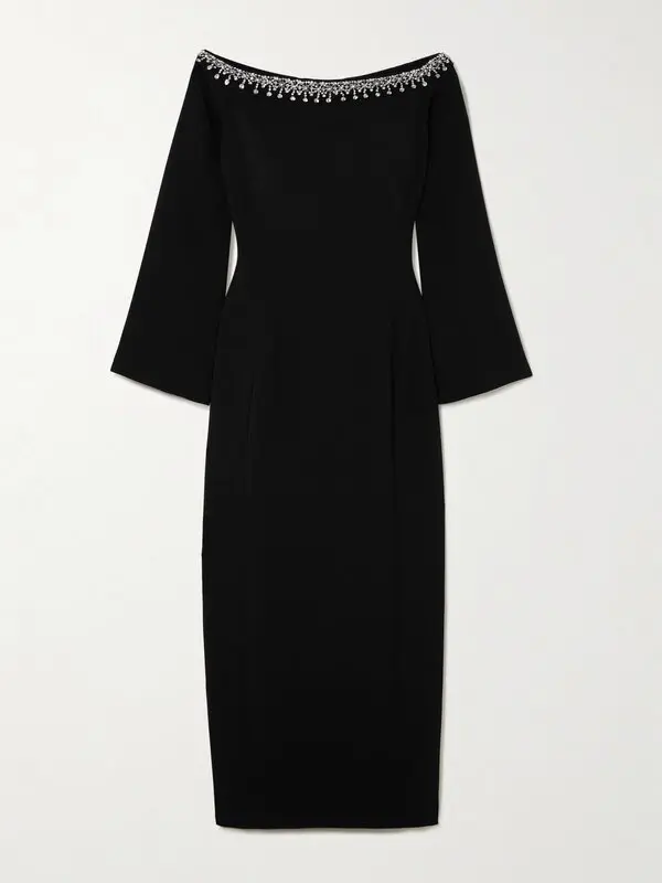 Jenny Packham Off-the-shoulder Embellished Cady Midi Dress - Black