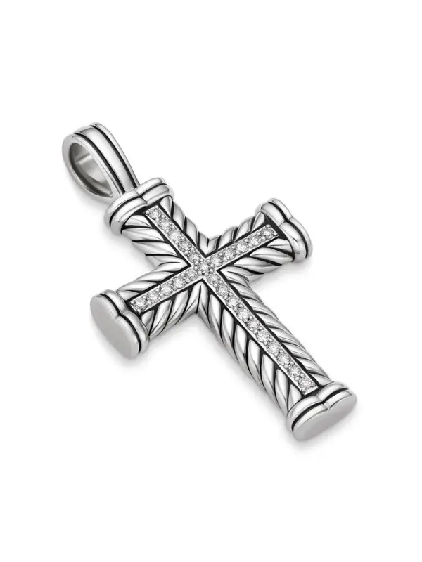 David Yurman Sterling Chevron Cross Diamond Pendant - Silver