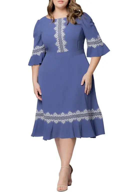 Kiyonna Villa Lace-Trim Cocktail Dress - Slate Blue | Editorialist