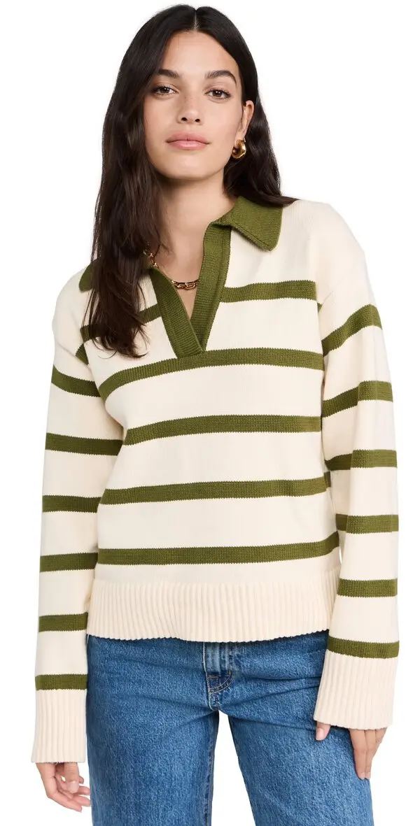 English Factory Striped Collared Sweater - Cream/olive