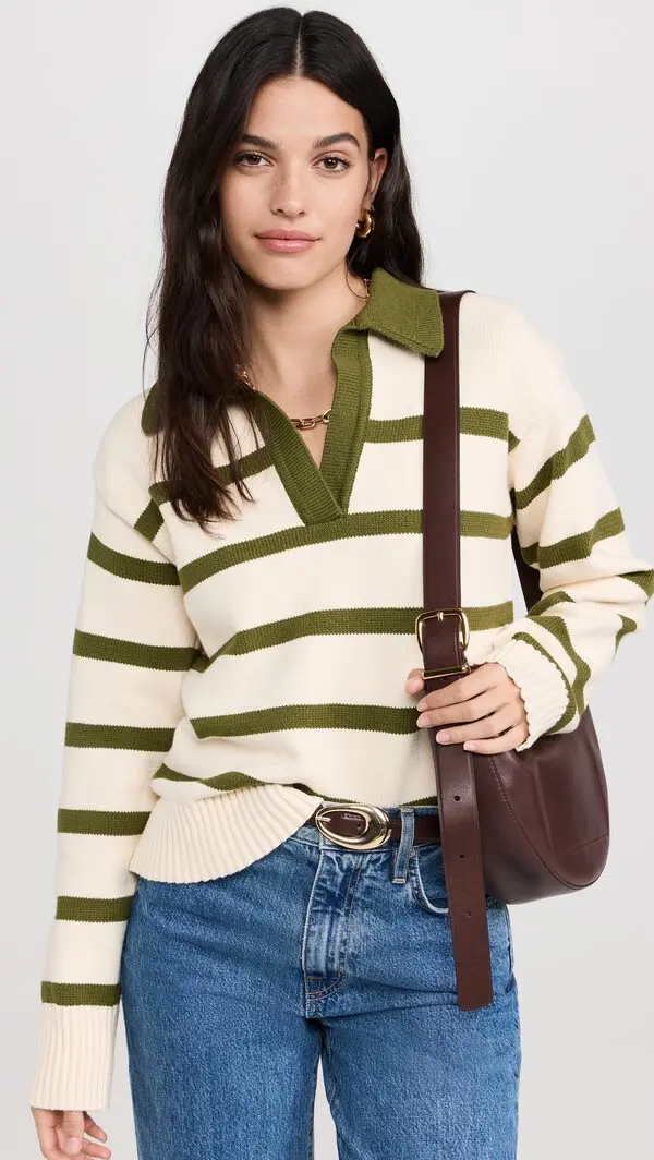 English Factory Striped Collared Sweater - Cream/olive