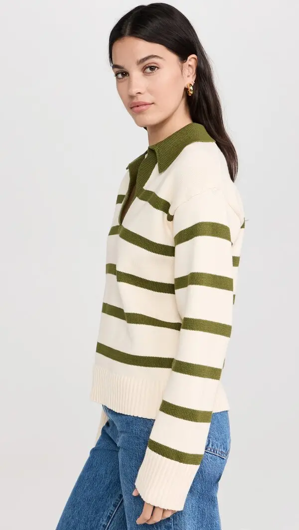 English Factory Striped Collared Sweater - Cream/olive