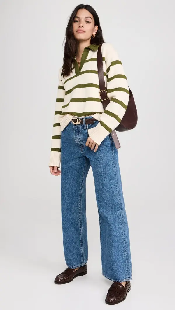 English Factory Striped Collared Sweater - Cream/olive