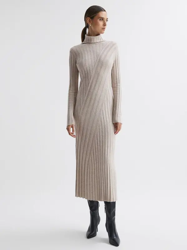 REISS Cady Knitted Roll Neck Midi Dress