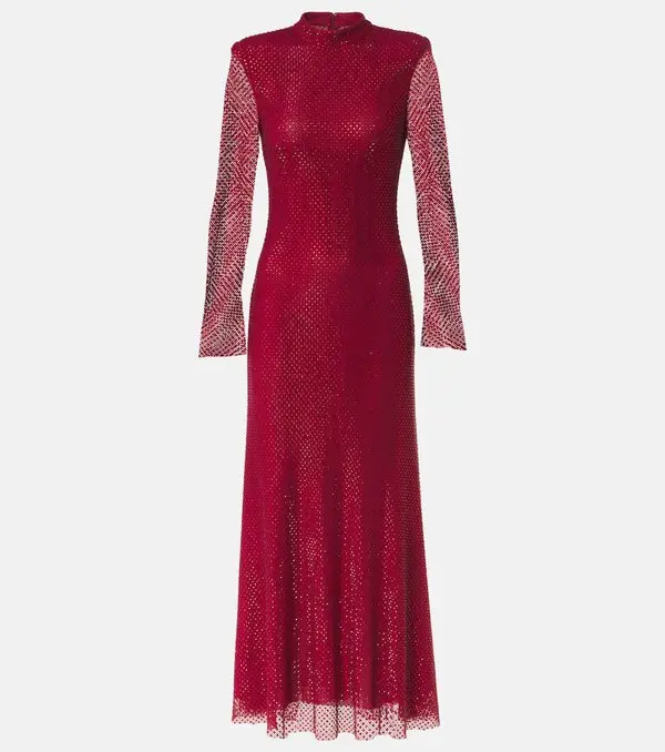 SELF-PORTRAIT Embellished Fishnet Midi Dress - Red