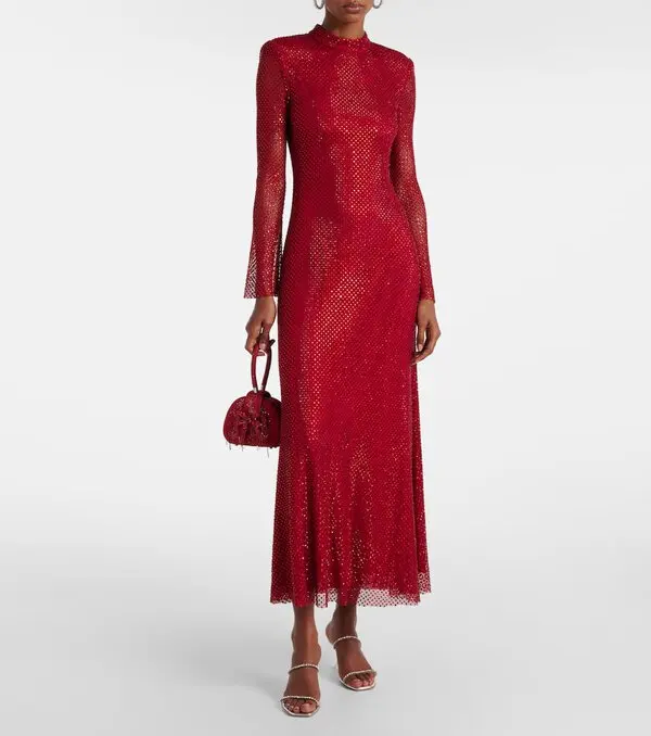 SELF-PORTRAIT Embellished Fishnet Midi Dress - Red