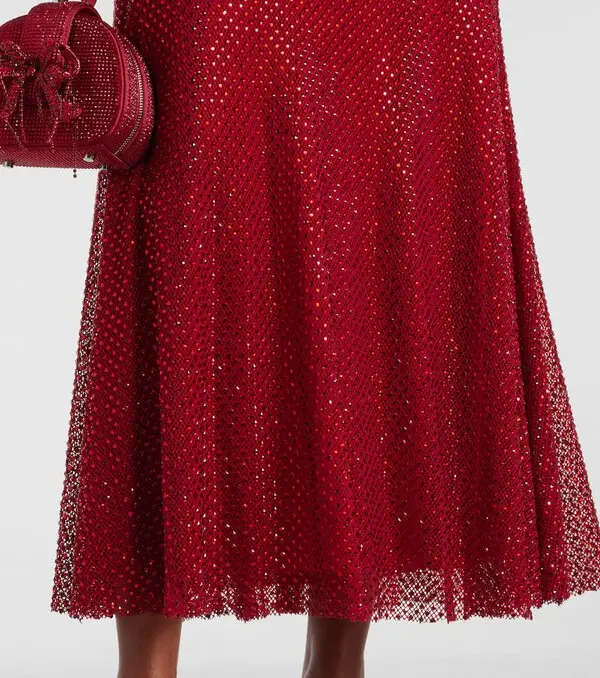 SELF-PORTRAIT Embellished Fishnet Midi Dress - Red