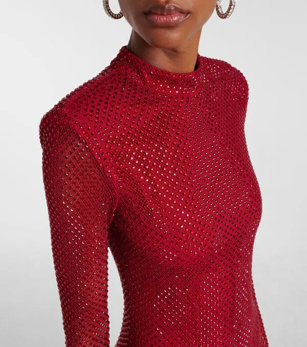 SELF-PORTRAIT Embellished Fishnet Midi Dress - Red