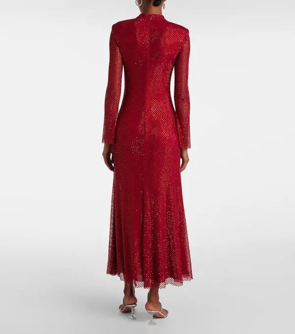 SELF-PORTRAIT Embellished Fishnet Midi Dress - Red