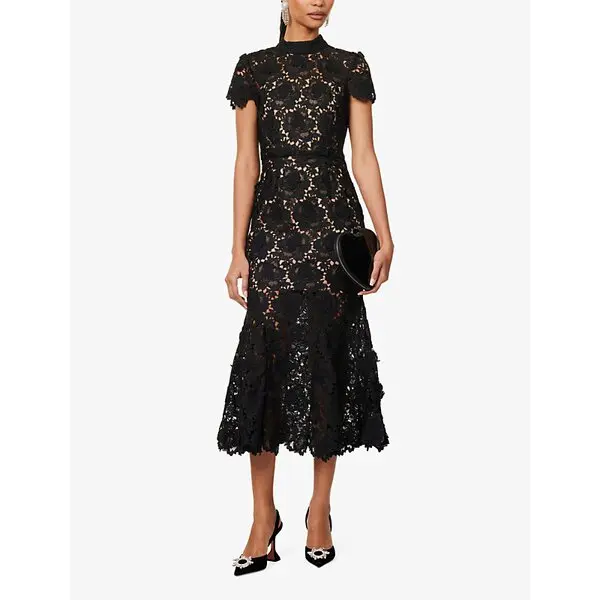 Self-Portrait Flower High-Neck Lace Midi Dress - Black | Editorialist