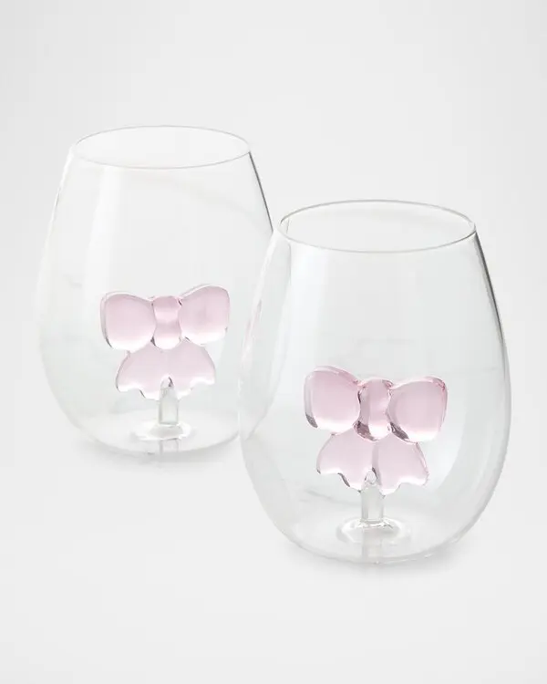 Neiman Marcus Bow Stemless Wine Glasses, Set Of 2 - Pink Clear