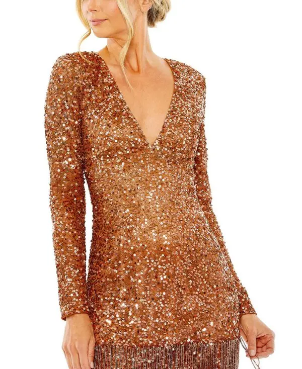 long sleeve sequin mini dress gold Embellished A-Line Mini Dress in Gold - 6 / Regular main image 1
