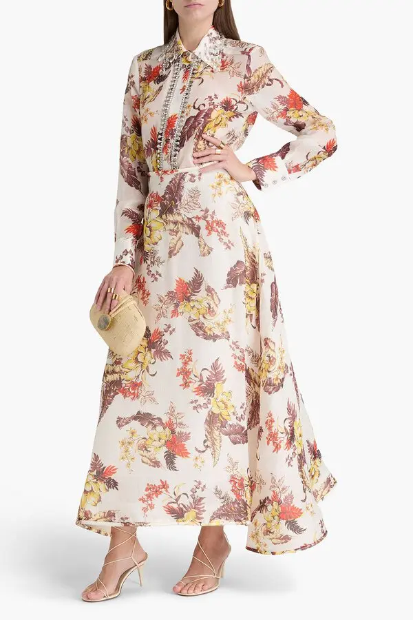 Zimmermann Embellished Floral-print Linen And Silk-blend Shirt - Ivory