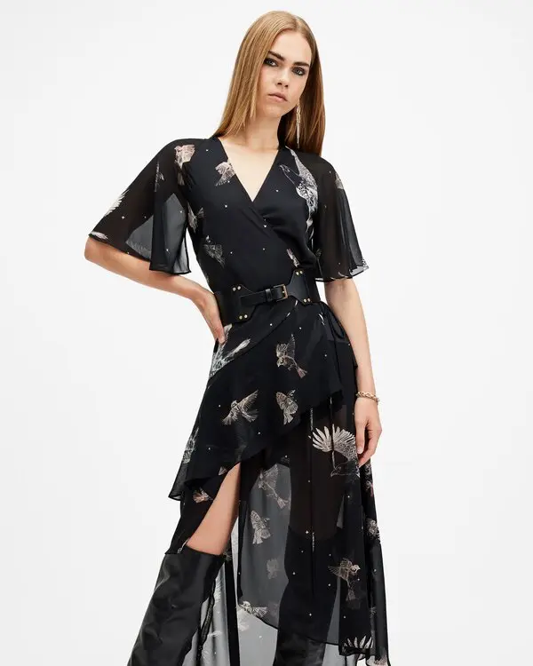 Allsaints Alana Printed Wrap Over Midi Dress - Spell Black | Editorialist