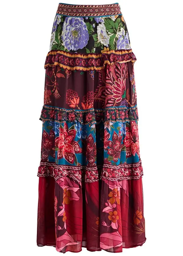 Farm Rio Floral-print Chiffon Maxi Skirt - Red