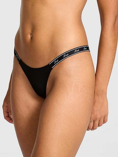Pink Logo Cotton High-leg Micro Thong Panty - Black