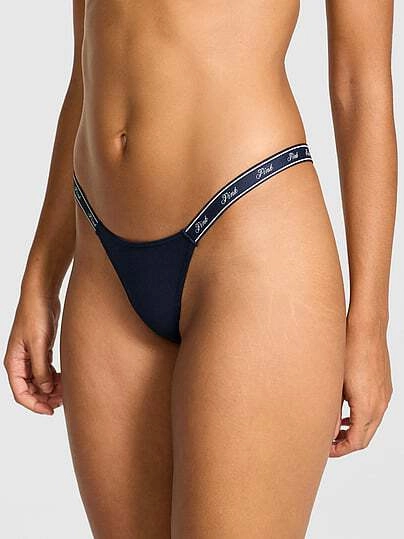 Pink Logo Cotton High-leg Micro Thong Panty - Blue