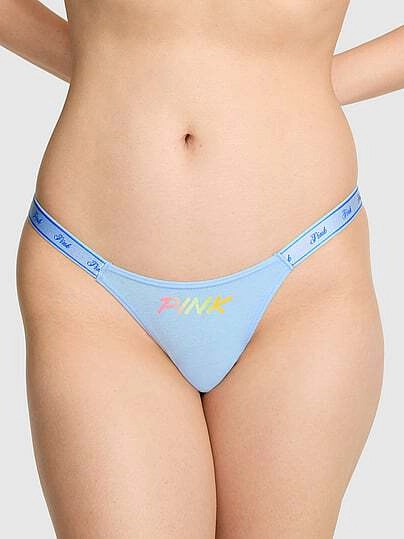 Pink Logo Cotton High-leg Micro Thong Panty - Blue