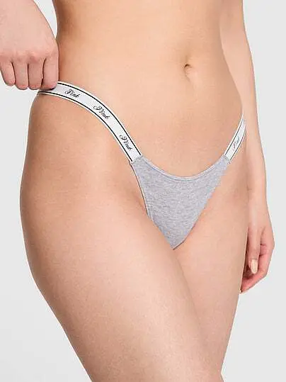 Pink Logo Cotton High-leg Micro Thong Panty - Grey