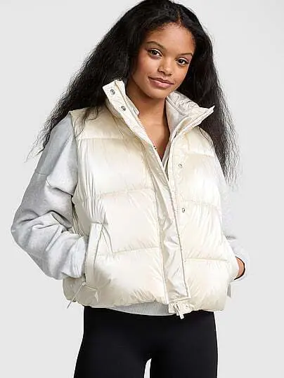 Pink High Shine Puffer Vest - White,ivory