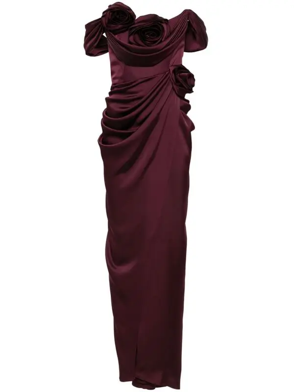 ANA RADU Floral-appliqué Draped Gown - Red