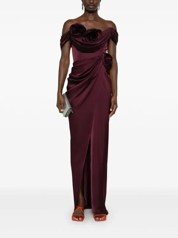 ANA RADU Floral-appliqué Draped Gown - Red