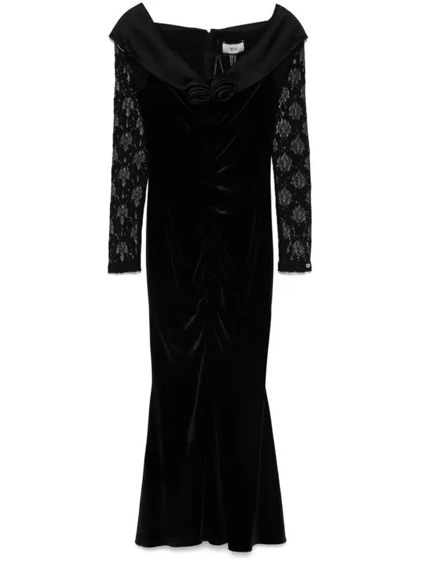 NISSA Floral-appliqué Velvet Midi Dress