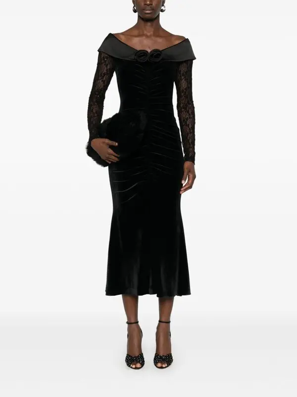 NISSA Floral-appliqué Velvet Midi Dress