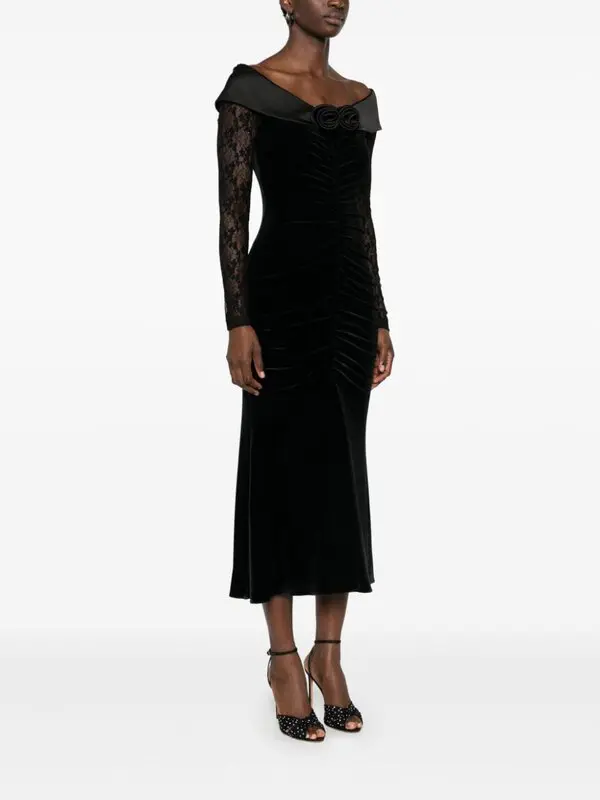 NISSA Floral-appliqué Velvet Midi Dress