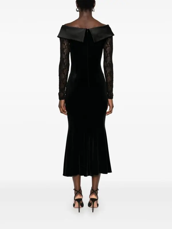 NISSA Floral-appliqué Velvet Midi Dress