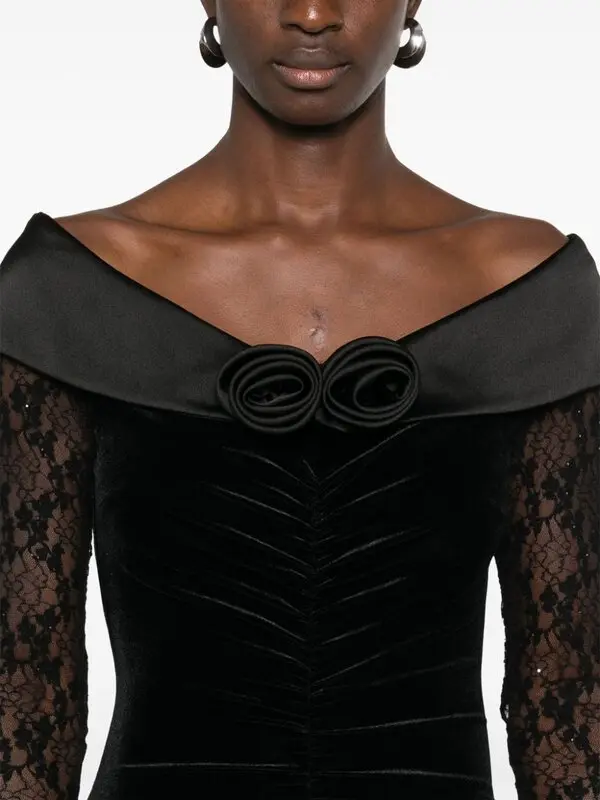 NISSA Floral-appliqué Velvet Midi Dress