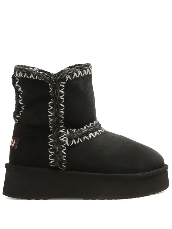 Mou Sheepskin Platform Boots With Whipstitch Trim - Black