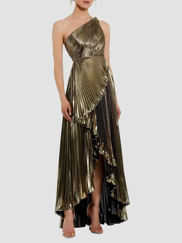 Mac Duggal Metallic Pleated One-shoulder Faux-wrap Gown - Gold