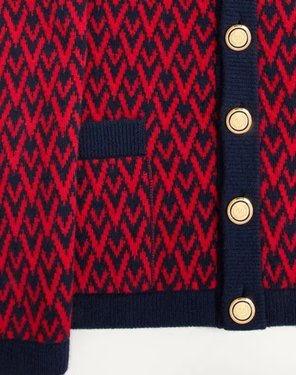 Valentino Garavani Wool Cardigan With Jacquard Pattern - Navy/ Red