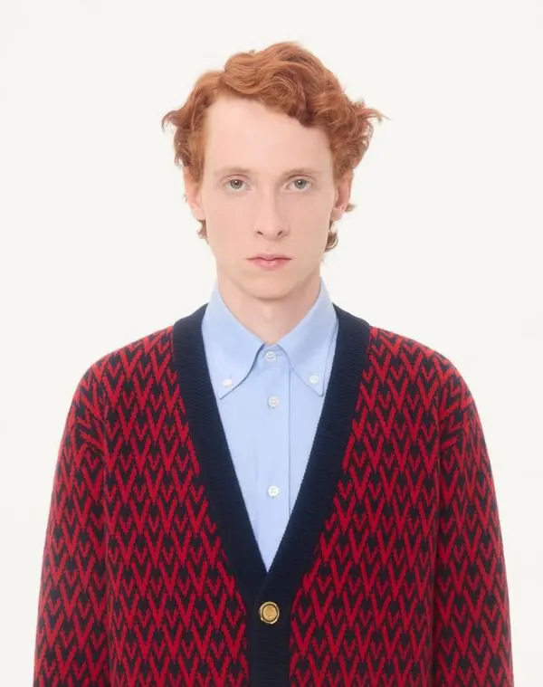 Valentino Garavani Wool Cardigan With Jacquard Pattern - Navy/ Red