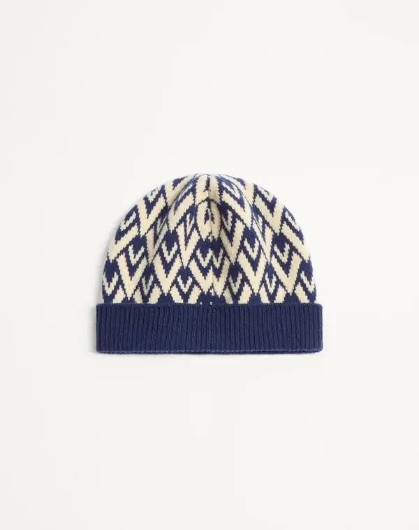 Valentino Garavani Toute La V Knitted Beanie - Navy/cream