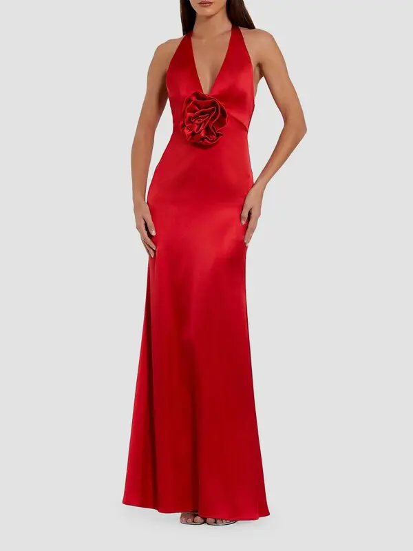 Mac Duggal Satin Rosette V-neck Slip Gown